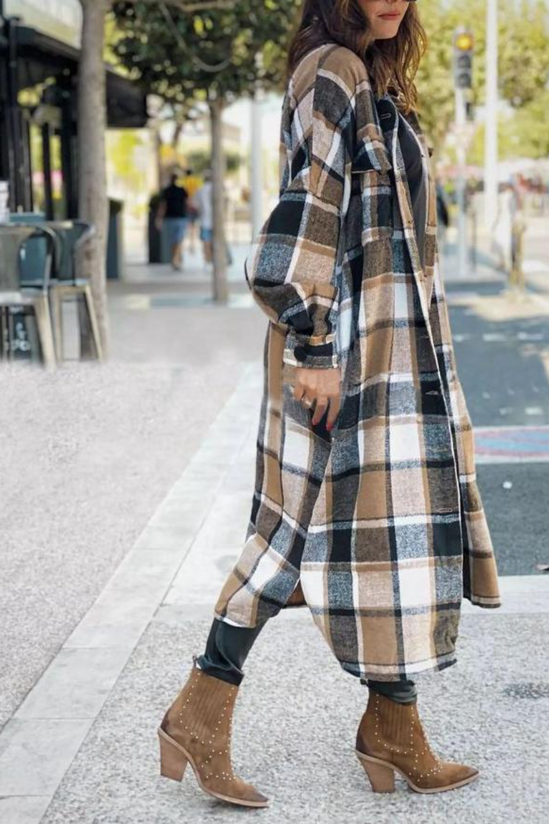 Lapel Plaid Slit Long Woolen Coat – uniqshe