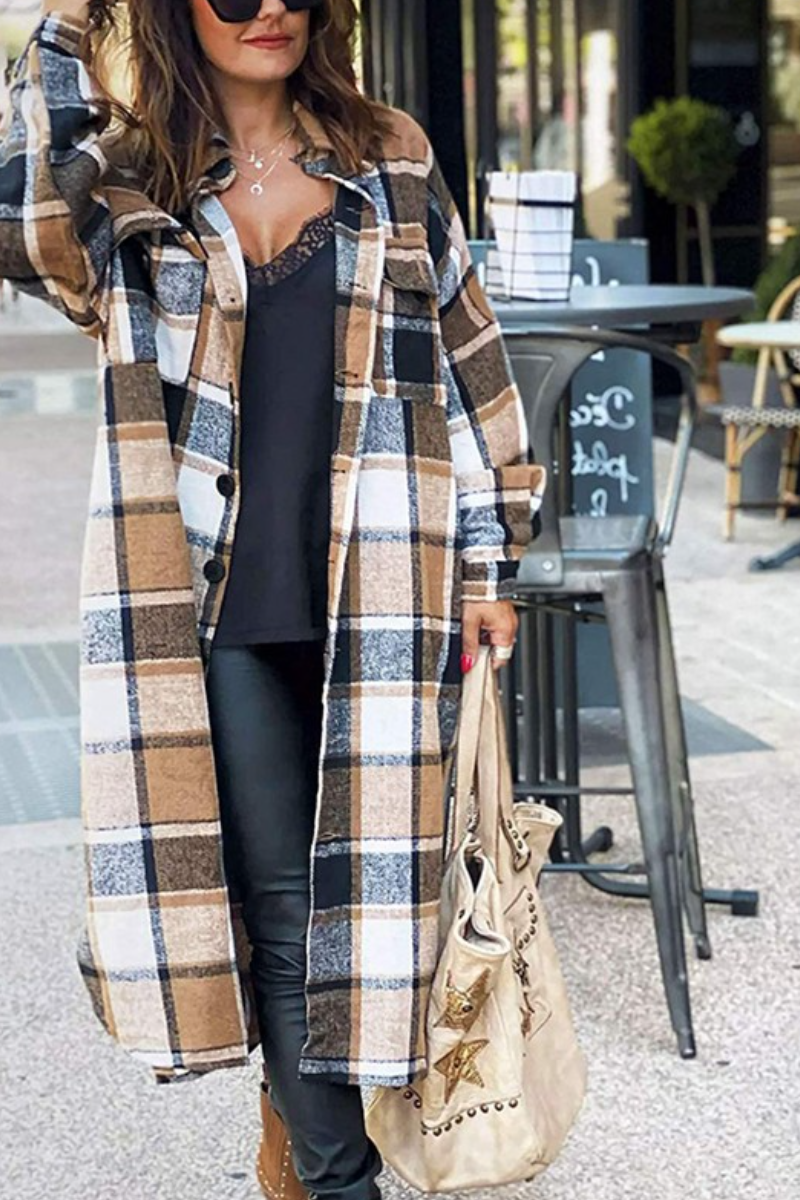 Lapel Plaid Slit Long Woolen Coat – uniqshe