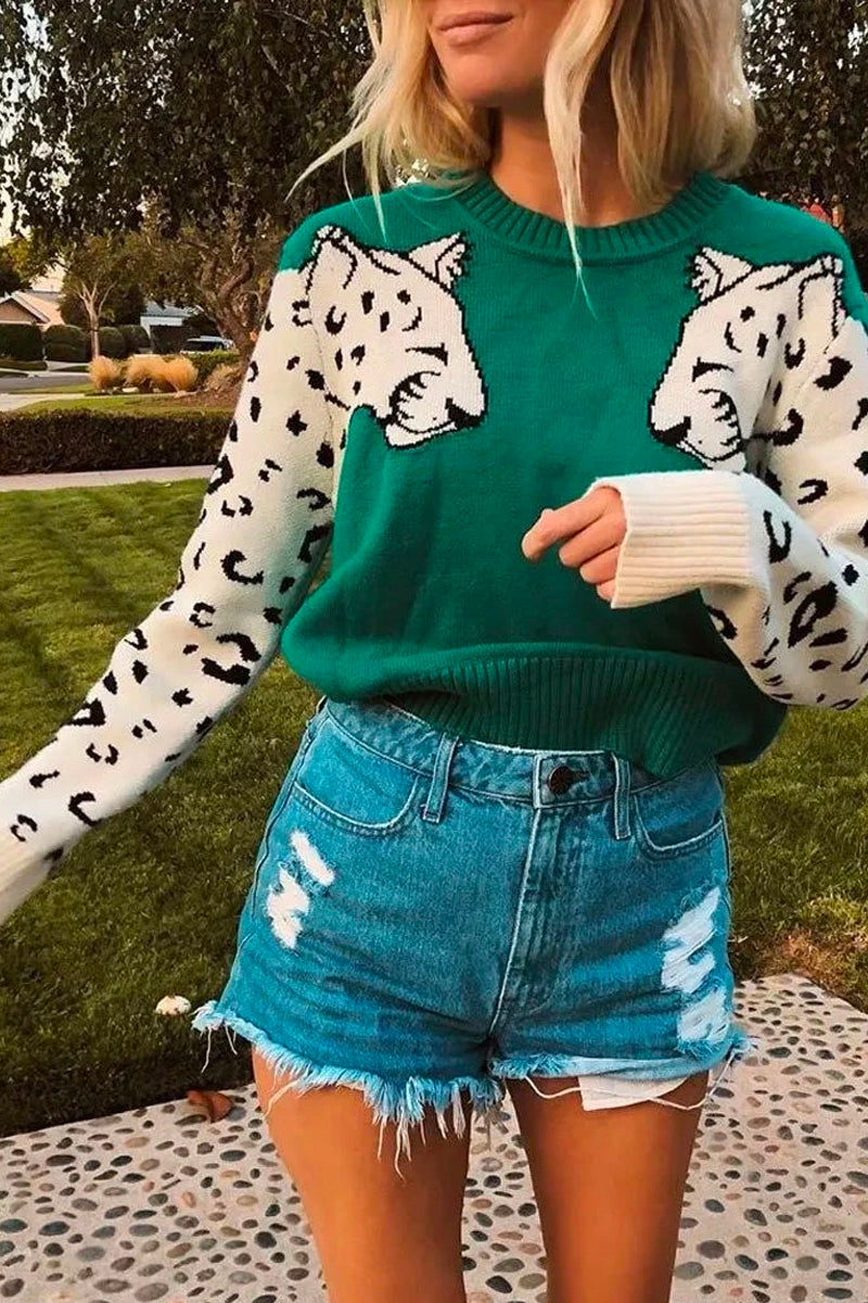Snow Leopard Patchwork Green Sweater – uniqshe