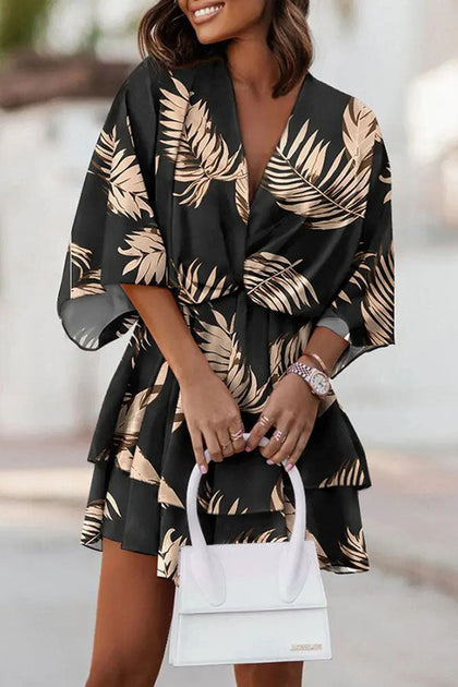 Heidi Plants Print Twist Design Batwing Sleeve Mini Dress – uniqshe