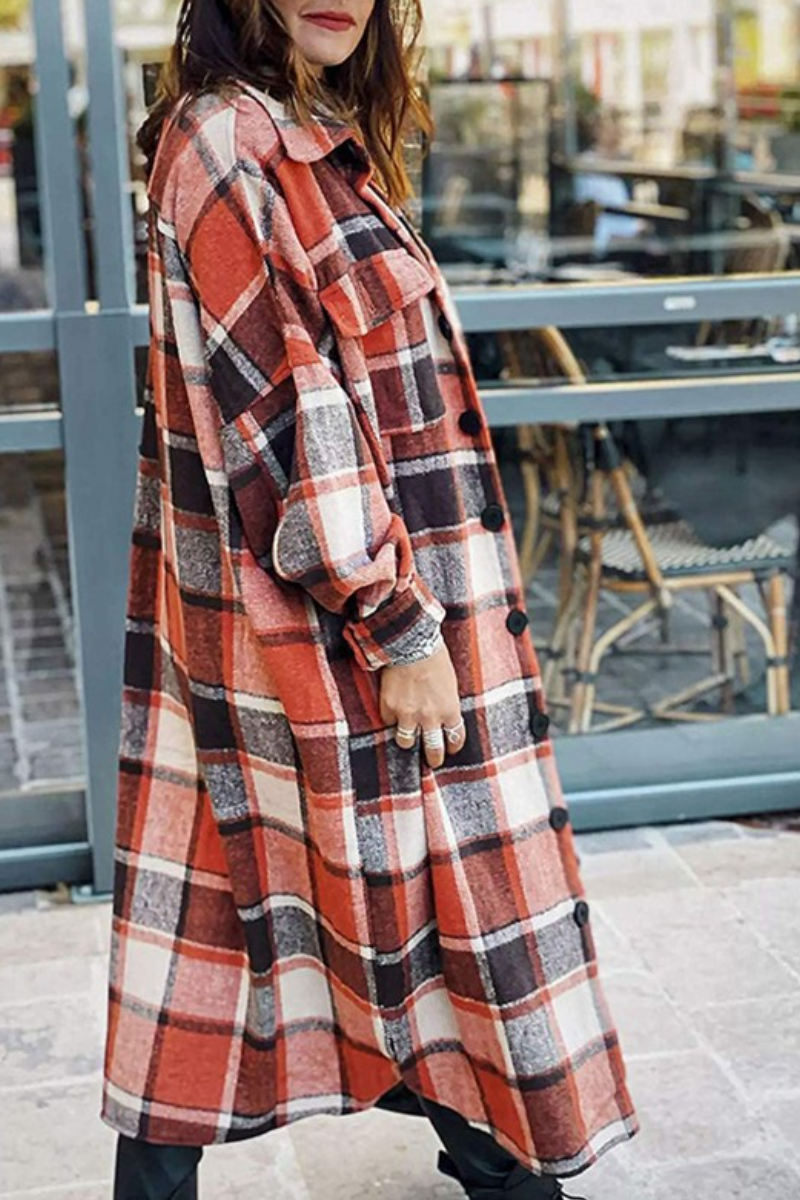 Lapel Plaid Slit Long Woolen Coat – uniqshe
